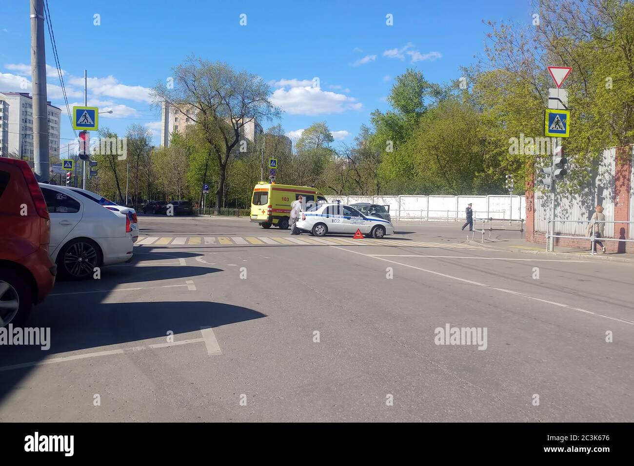 Moscow, Russia - April 14, 2019: Road traffic accident on the road. Two ...