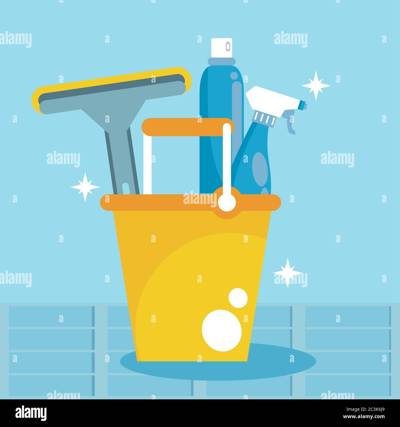 disinfect and clean activity with splash bottles and bucket vector ...