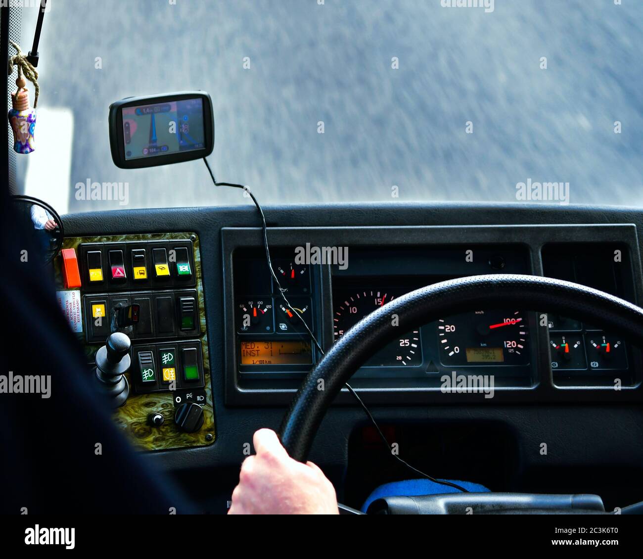 Interior of a driver cab of the bus with a navigation Stock Photo - Alamy