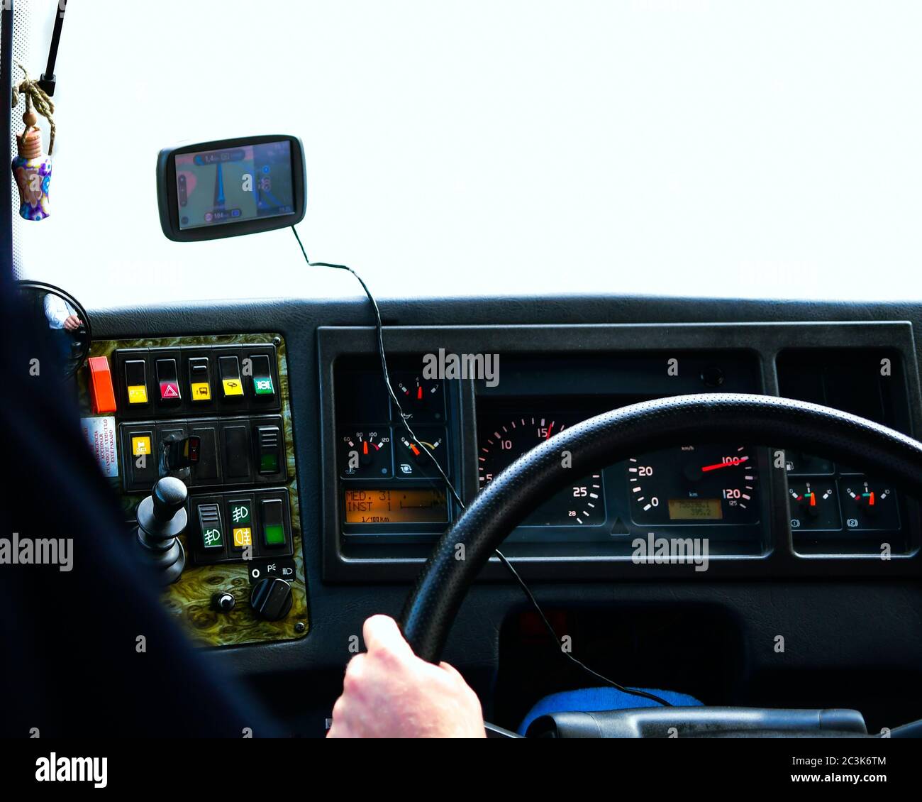 Interior of a driver cab of the bus with a navigation Stock Photo - Alamy