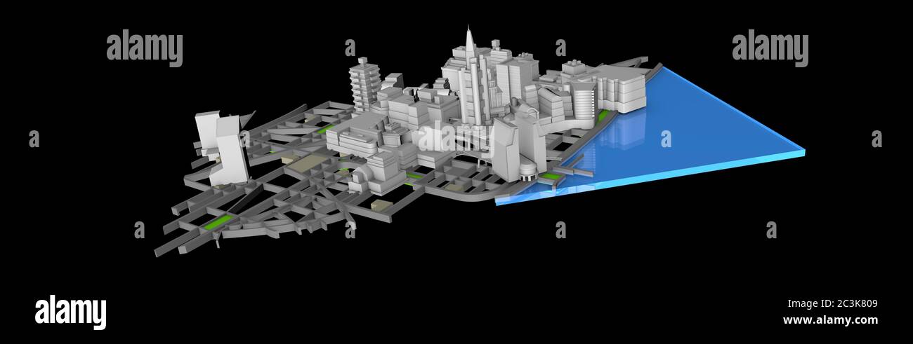3D rendering of a town layout illustration isolated on a black ...