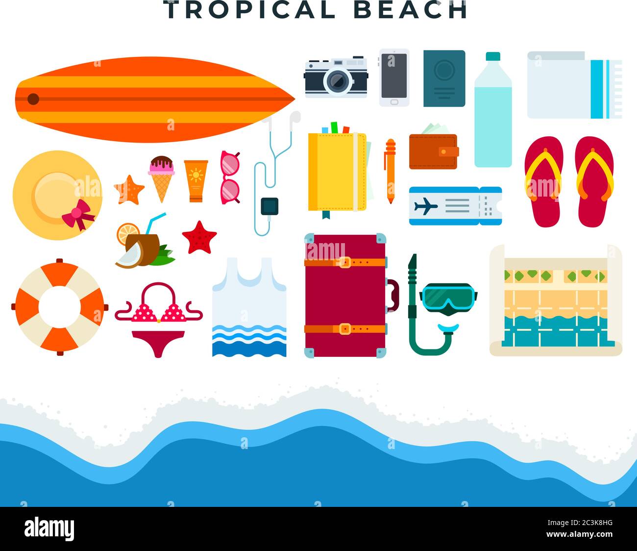 Tropical beach rest, set of summer beach accessories. Vector flat ...