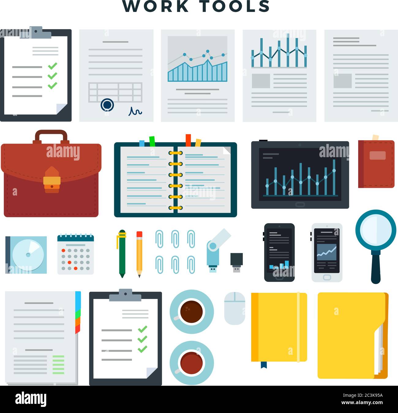 Office work tools. Paperwork and business work elements, set. Mobile ...