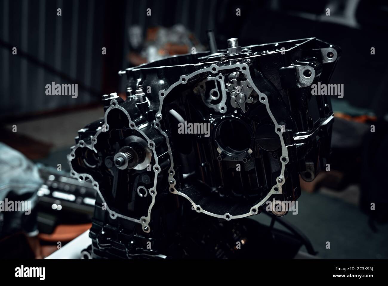 Disassembled fast motorcycle engine with visible with visible interior ...
