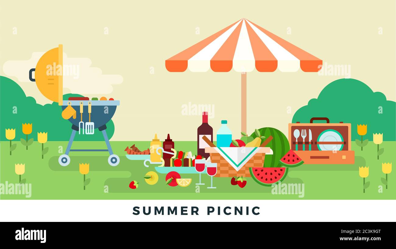 Outdoor summer picnic in meadow with tulips. Vector flat illustrations ...