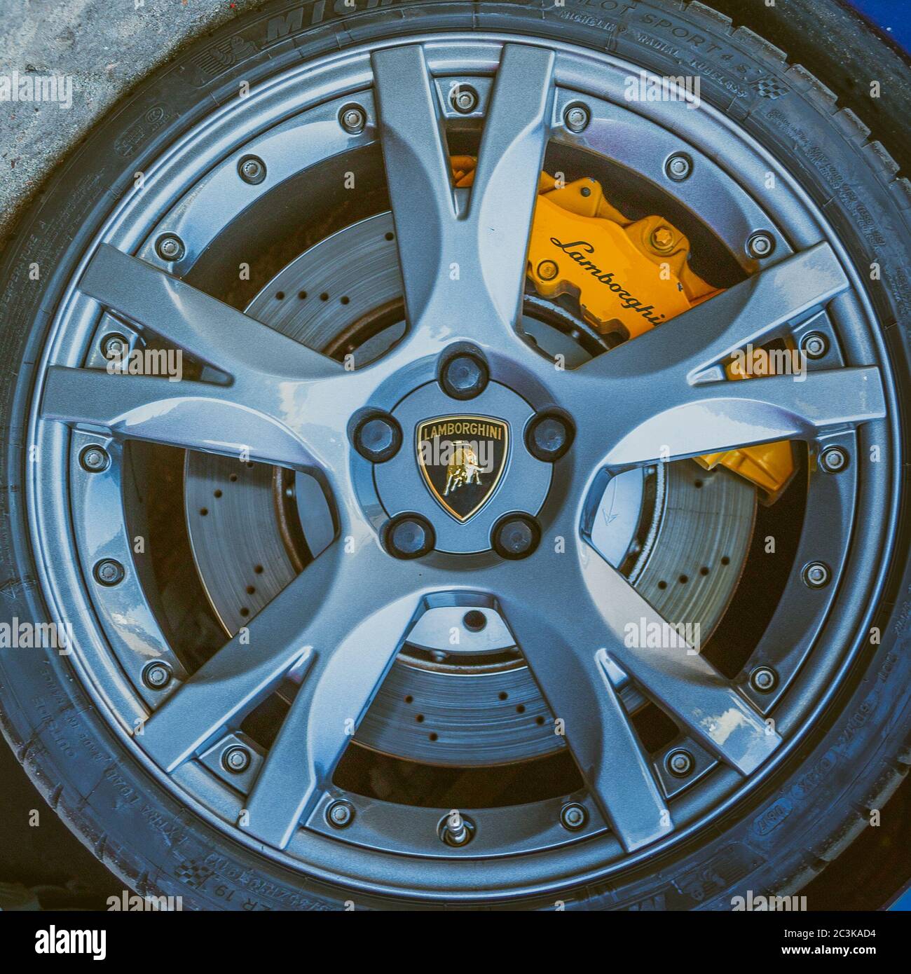 Moscow. Autumn 2018. Lamborghini wheel with tyre, brake disc with ...