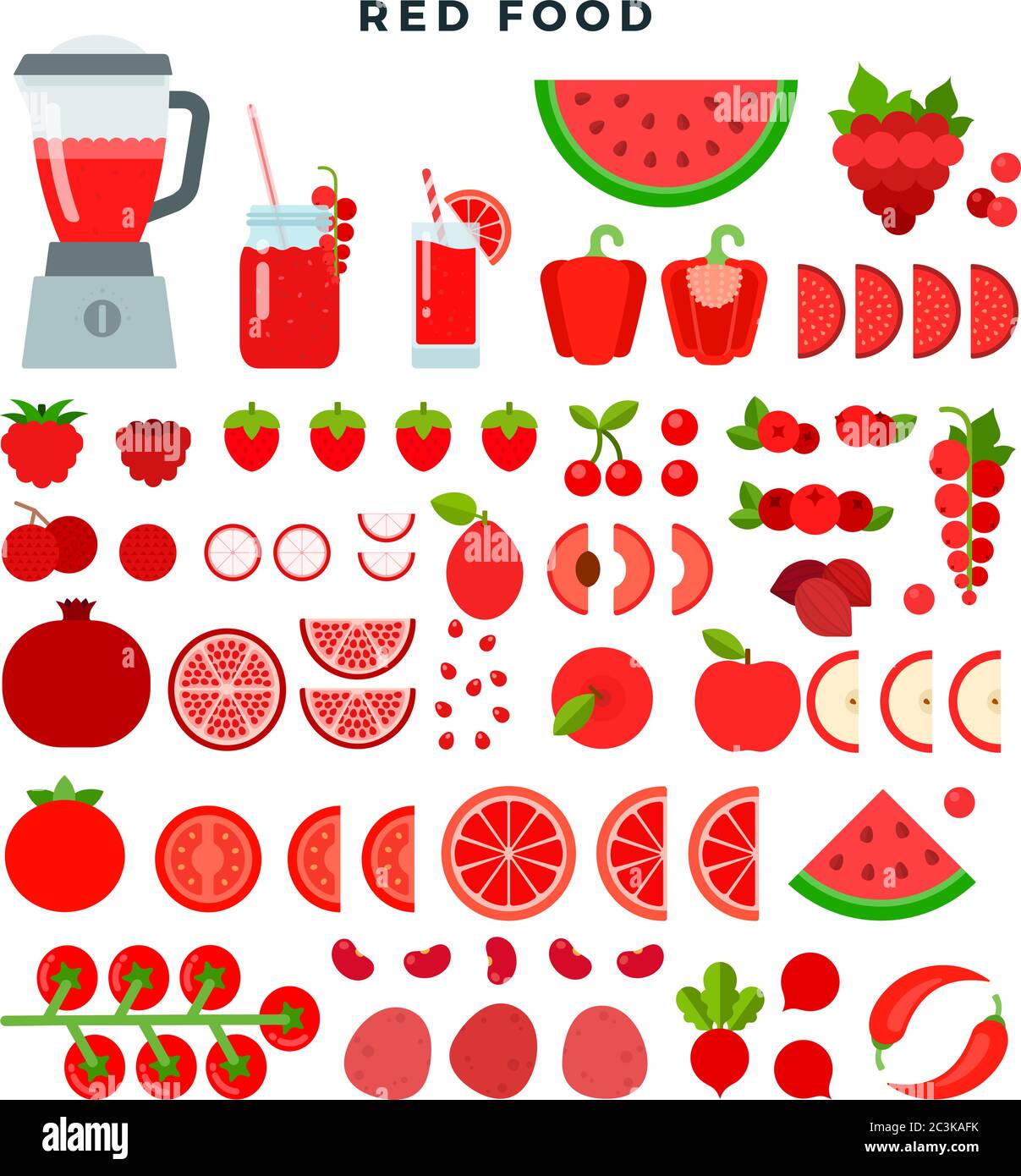Collection of red food vegetables, fruits and juices, flat icon set ...