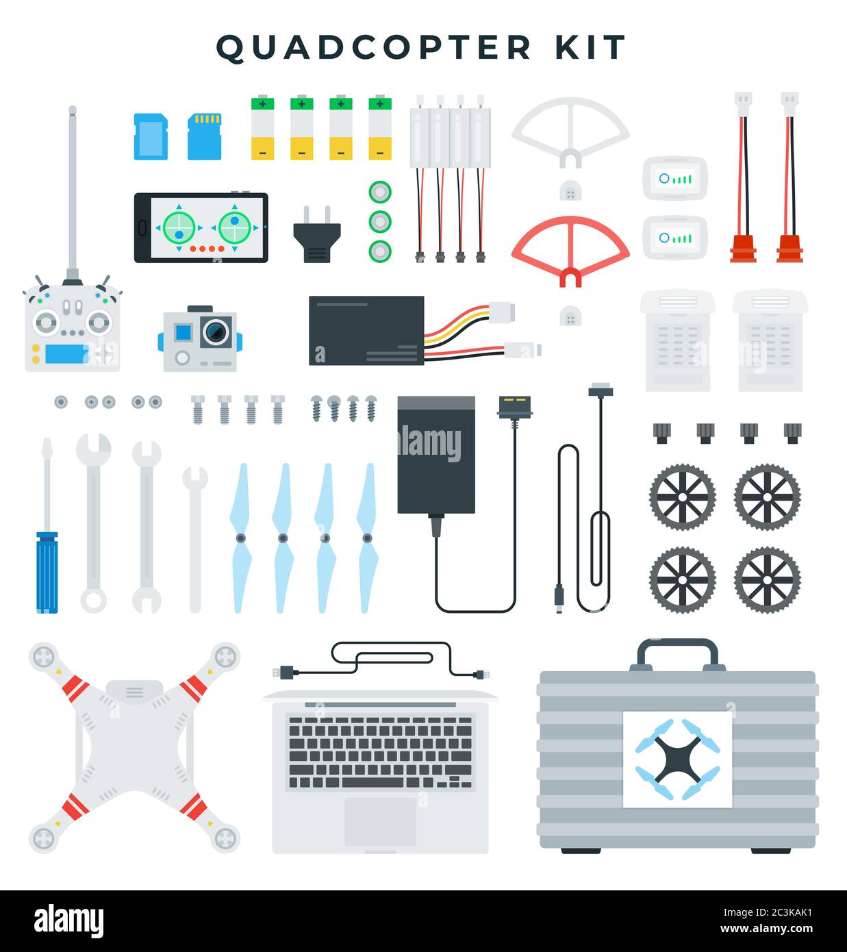 Set of quadcopters, equipment, spare parts, tools vector illustration ...