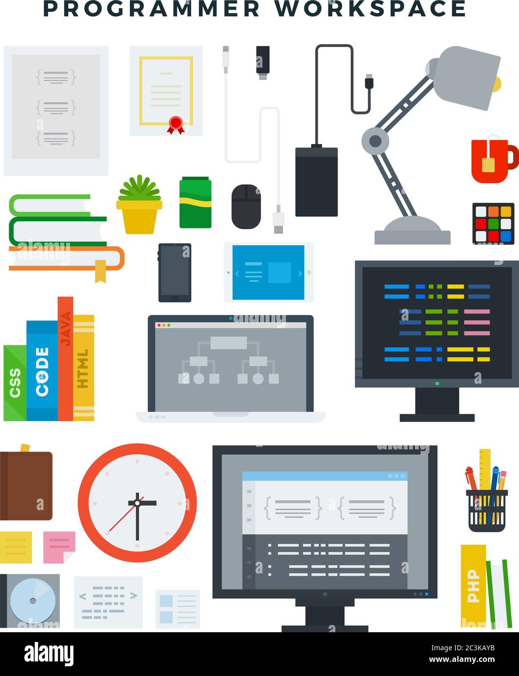 Programmer workplace elements, set. Software developer's office ... Programmer workplace elements, set. Software developer's office ...