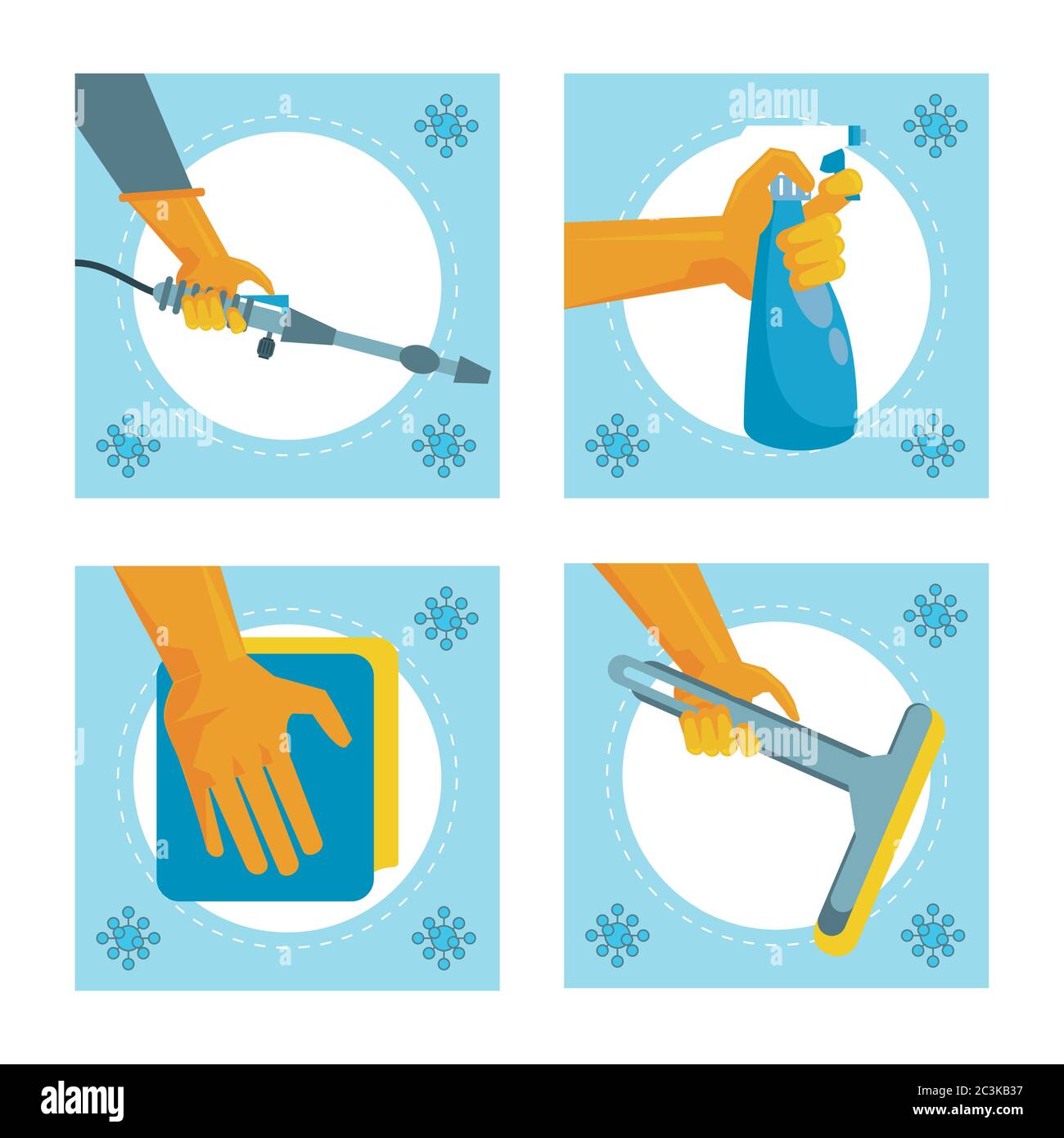 disinfect and clean activity with set equipment tools vector ...