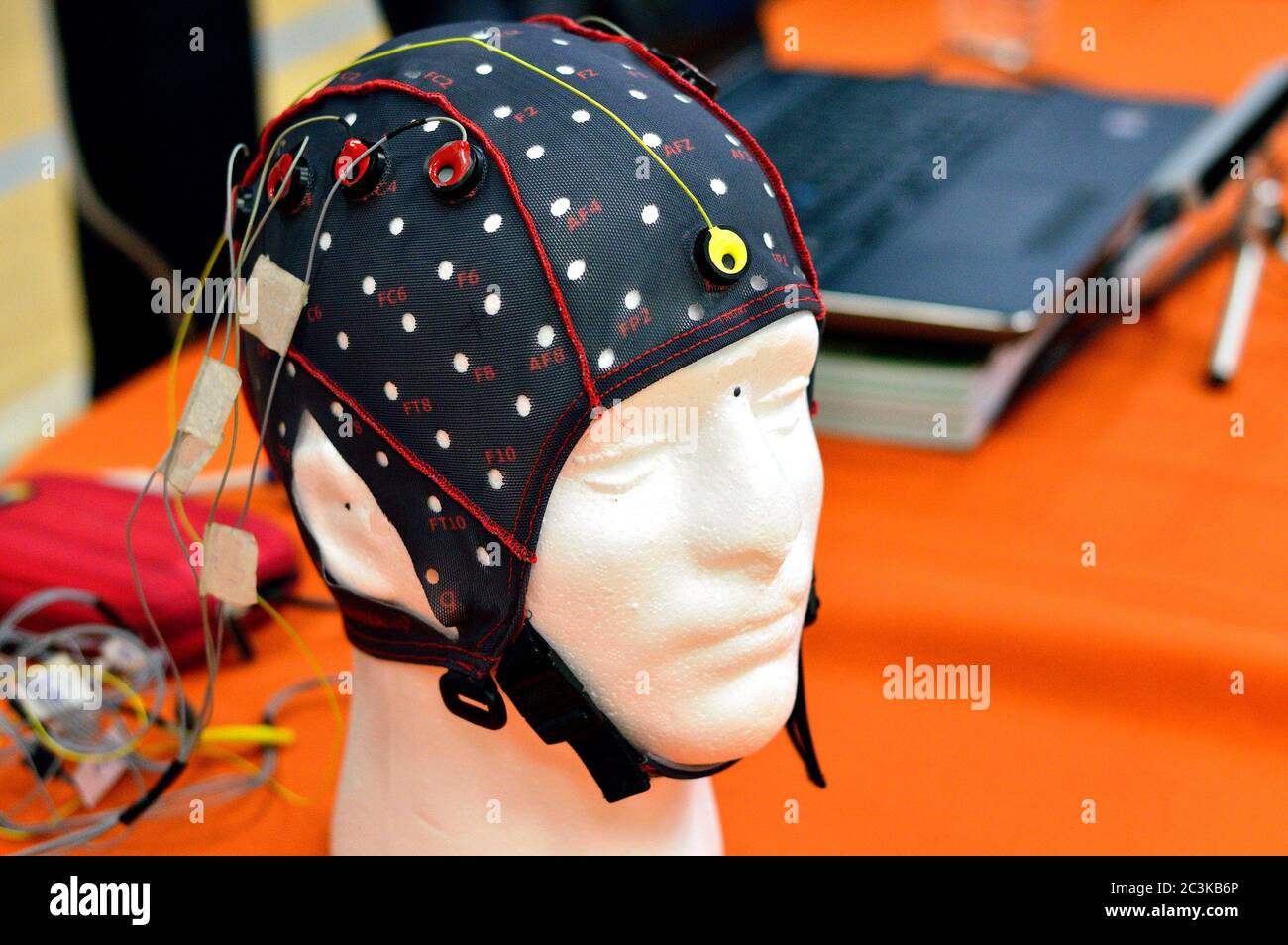 Electroencephalogram (EEG) head cap with flat metal discs (electrodes ...