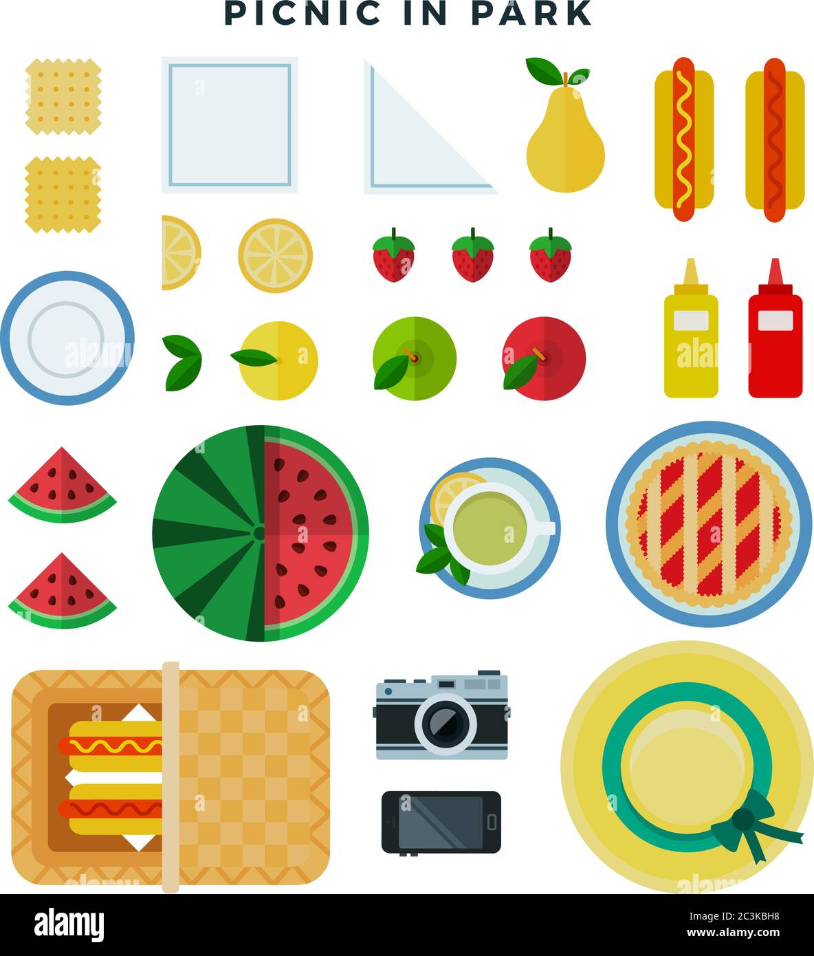 Summer picnic in park on the meadow, set of vector flat style elements ...