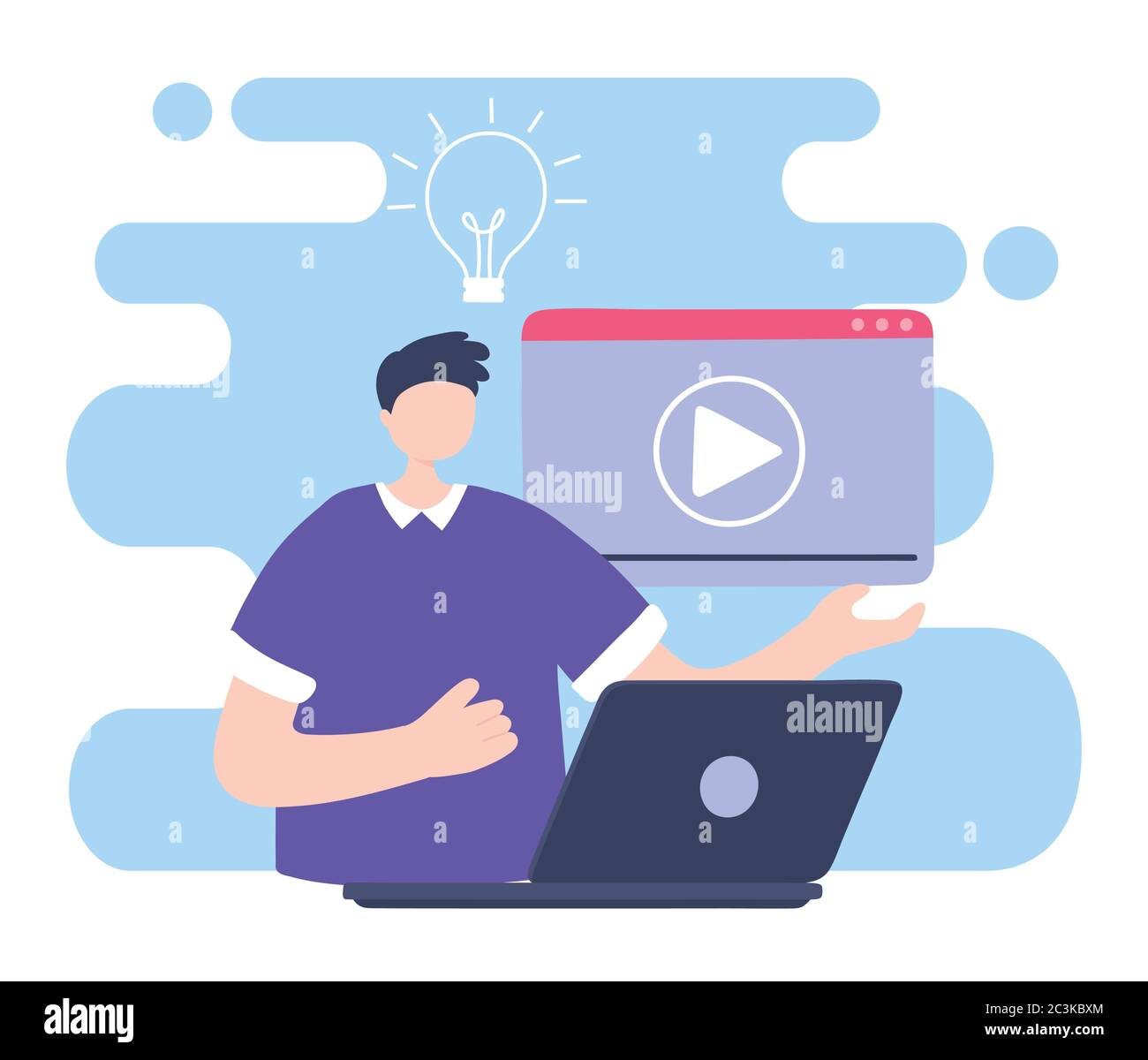 online training, man with laptop video tutorial, education and courses ...