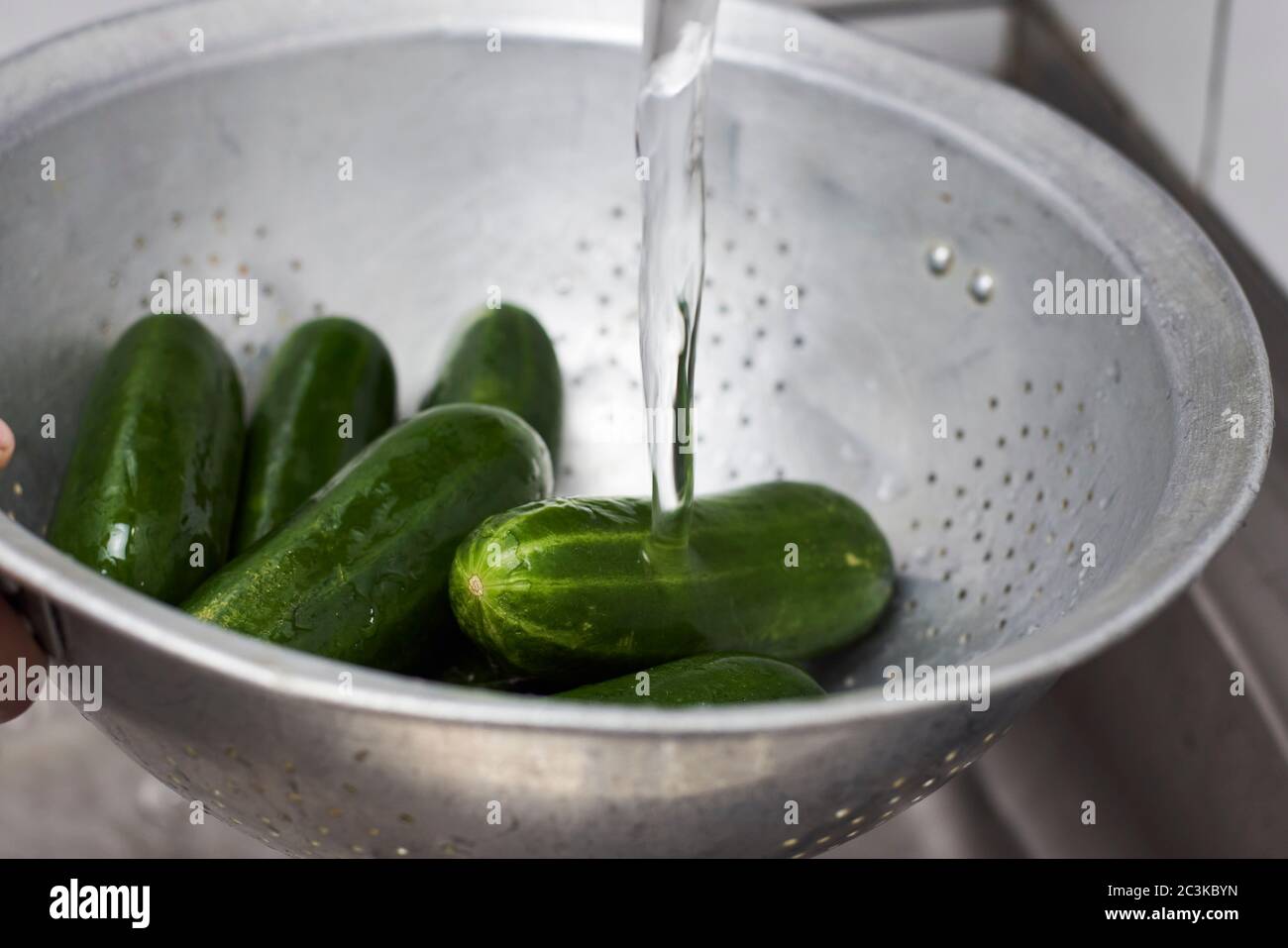 Cleaning organic cucumbers in the kitchen. A woman washing freshly ...