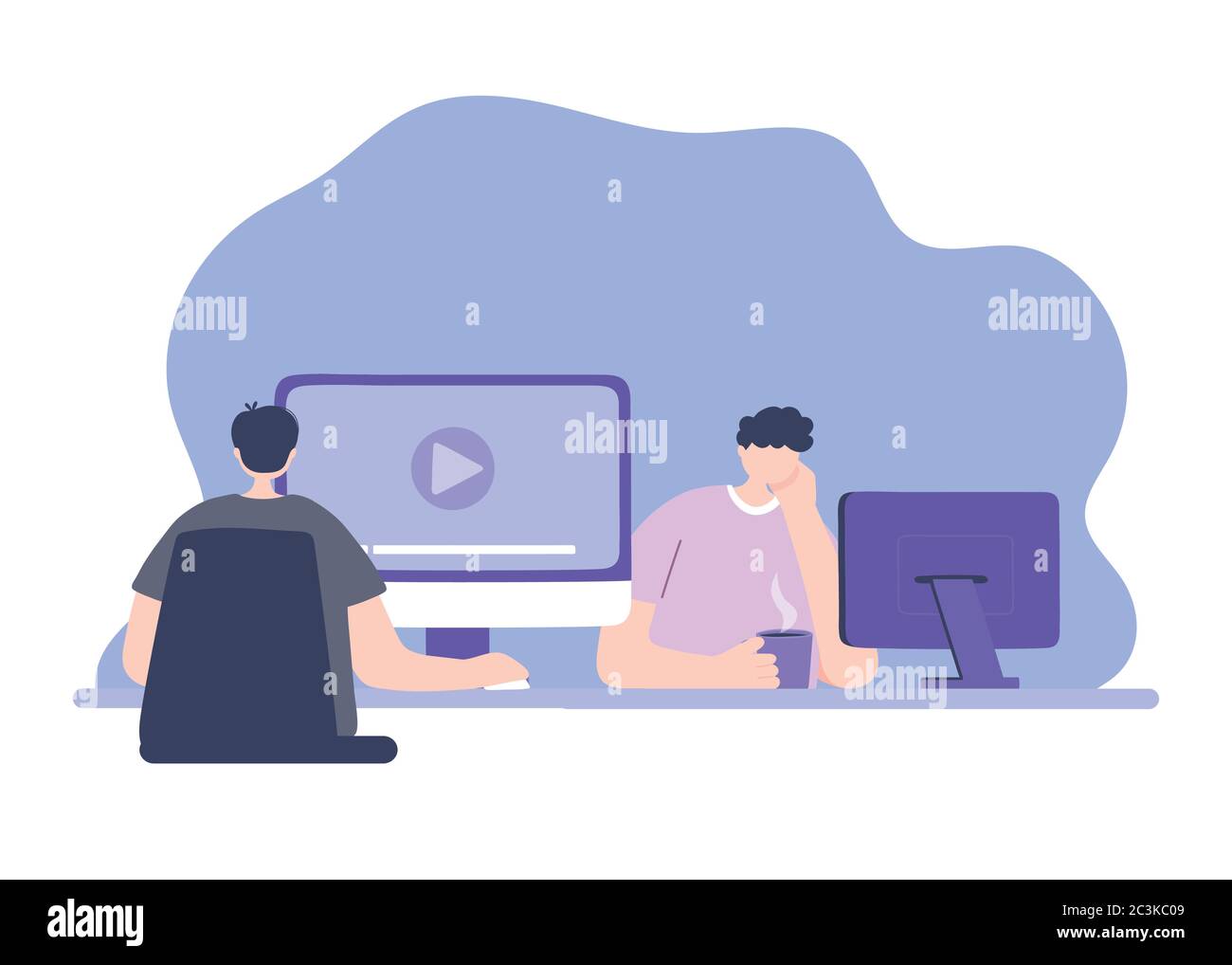 online training, young men students with computer, education and ...