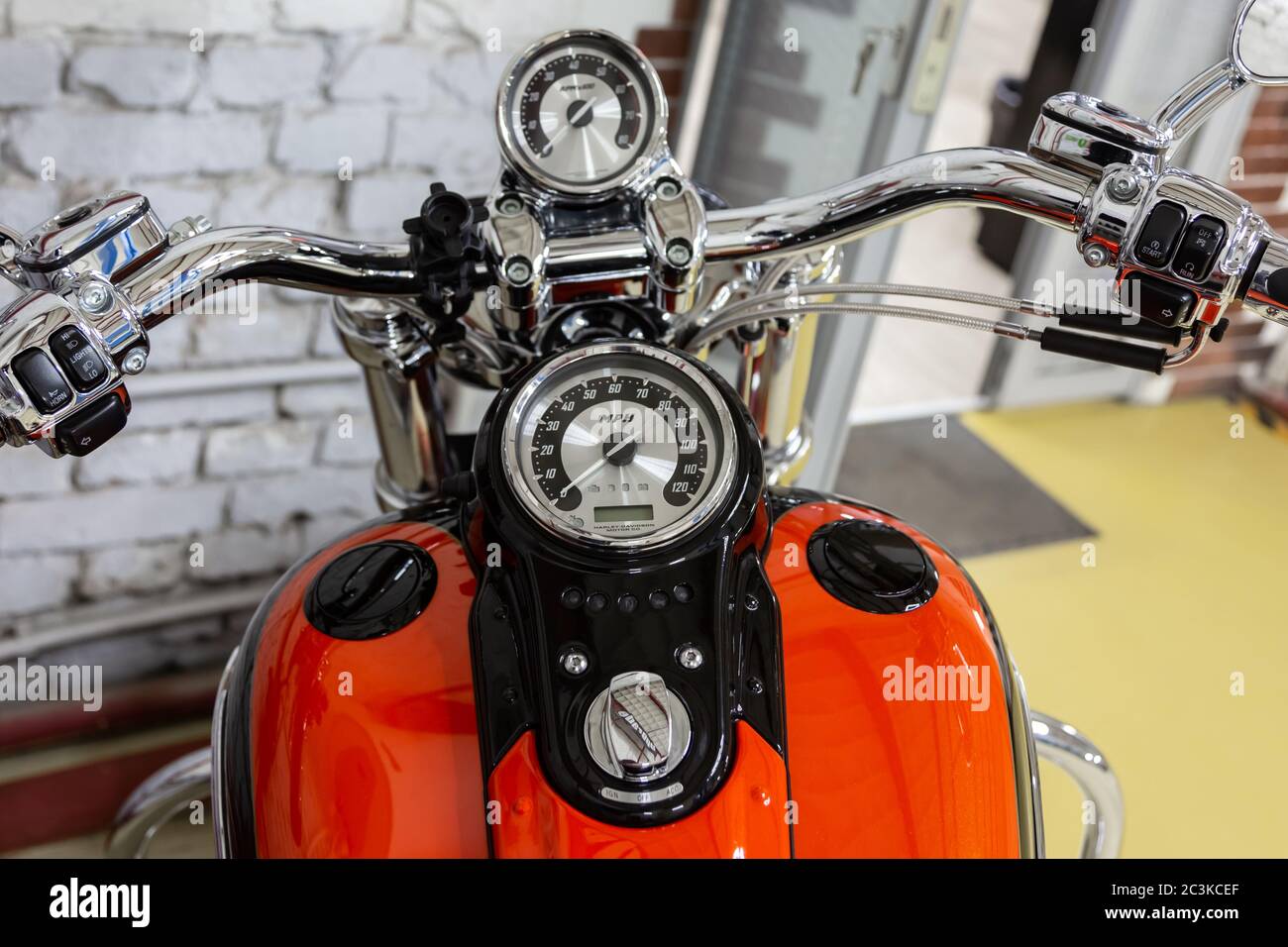 Moscow. November 2018. Orange Harley Davidson stands in the garage ...