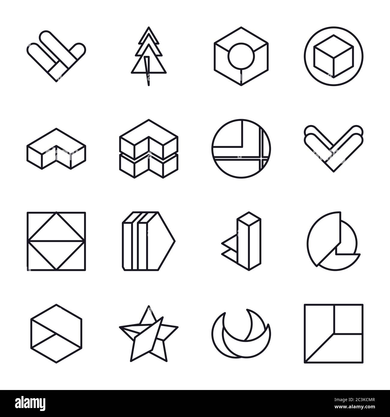 geometric and abstract 3d shapes line style icon set design, figure ...