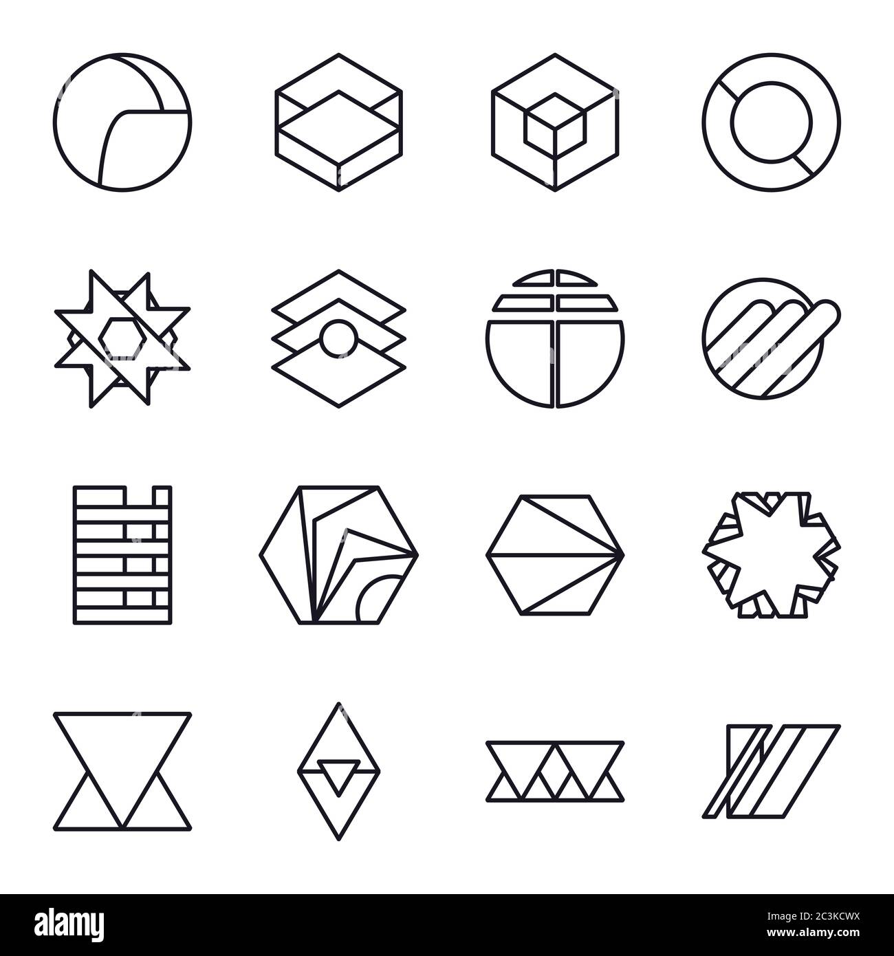 geometric and abstract 3d shapes line style icon set design, figure ...