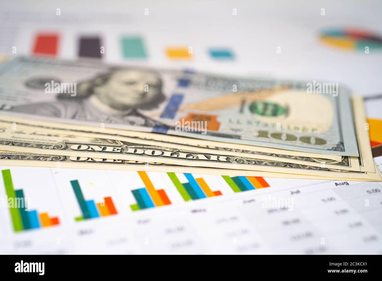 US dollar banknotes money on chart graph spreadsheet paper. Financial ...