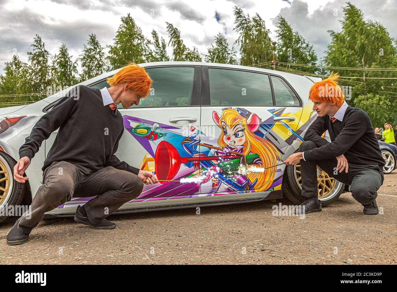 Moscow, Russia: July 06, 2019: Cosplay. Weasley brothers make magic ...