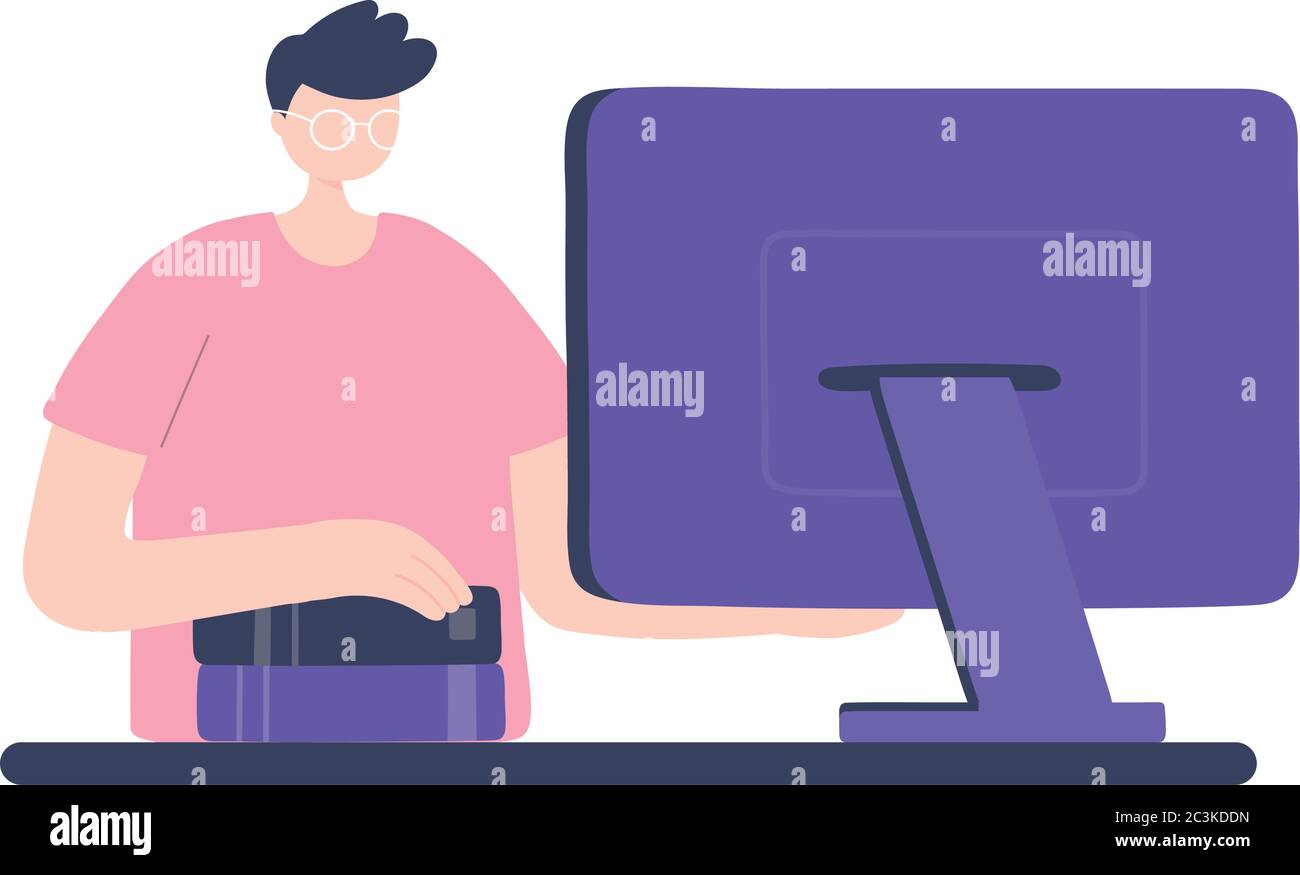 online training, man using computer with books, education and courses ...