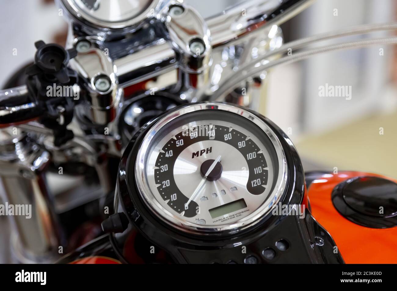 Moscow. November 2018. Orange Harley Davidson stands in the garage ...