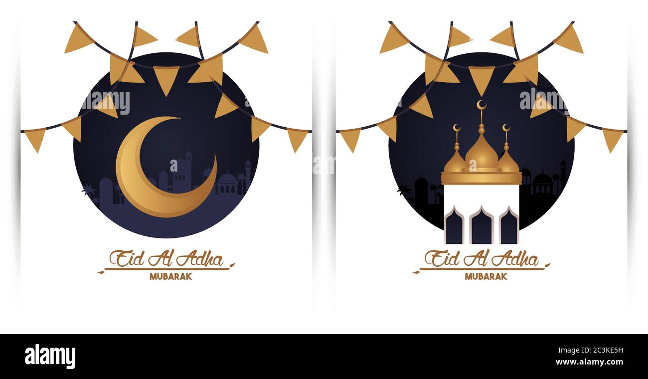 eid al adha celebration card with moon and mosque cupule vector ...