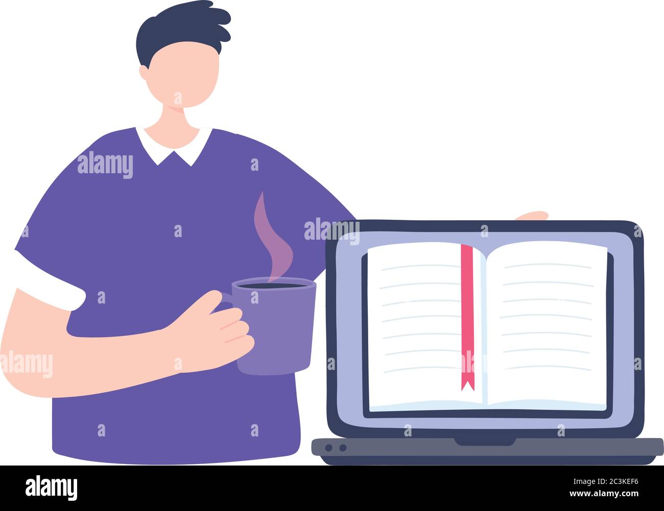 online training, boy drinking coffee with laptop, education and courses ...