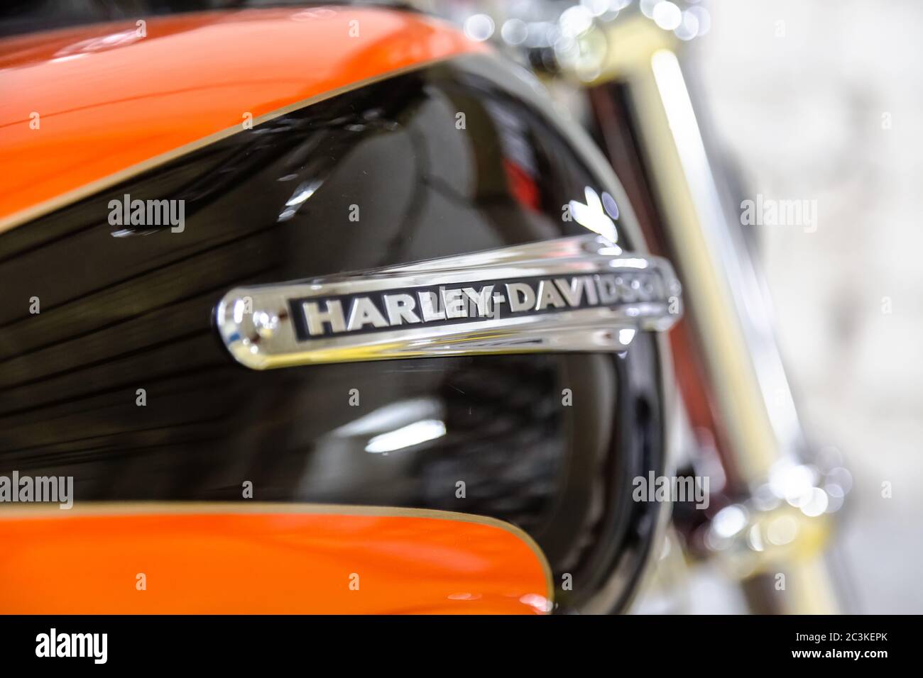 Moscow. November 2018. Orange Harley Davidson stands in the garage ...