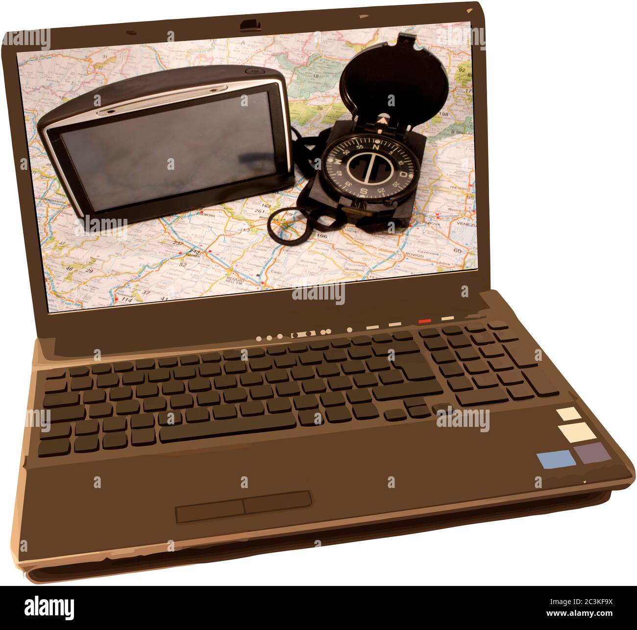 Laptop with the picture of a map, a screen and a compass on the desktop ...