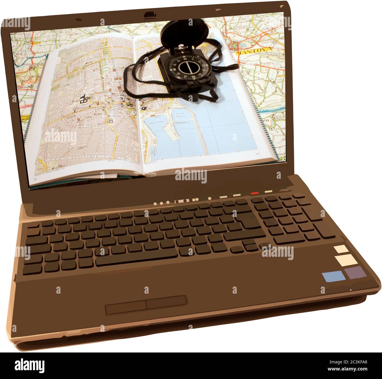 Laptop with the picture of a map and a compass on it isolated on a ...