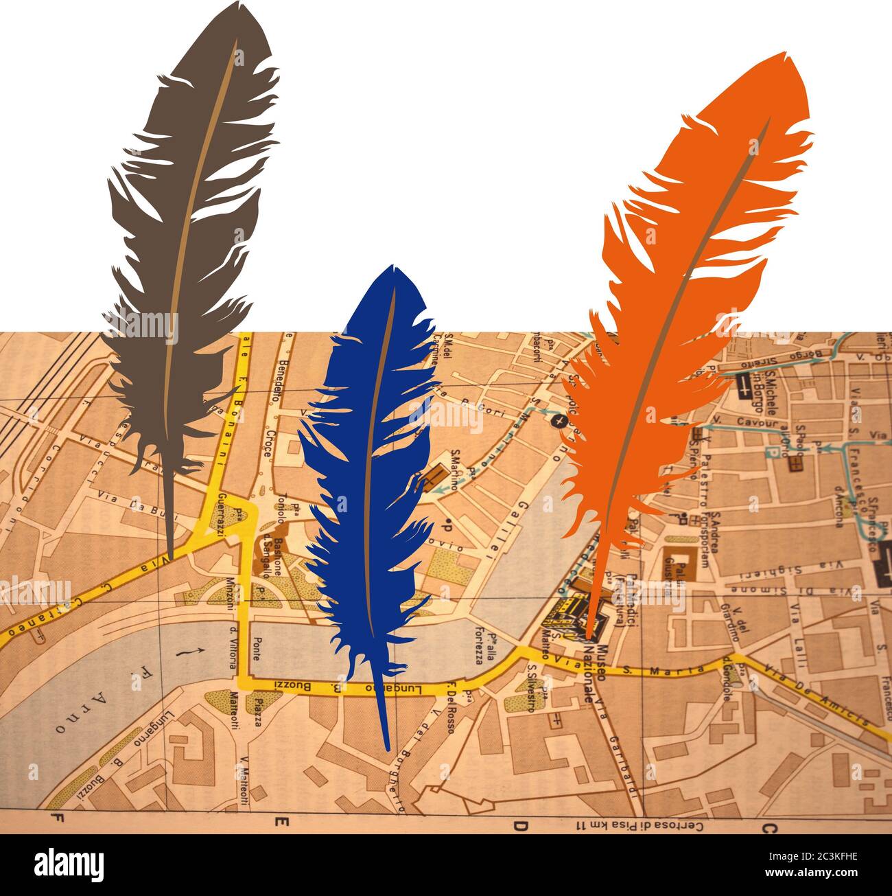 Closeup shot of illustrative colorful feathers on a map isolated on a ...