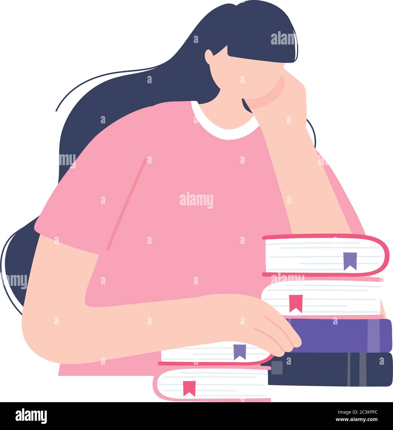 online training, young woman and stack of books, education and courses ...