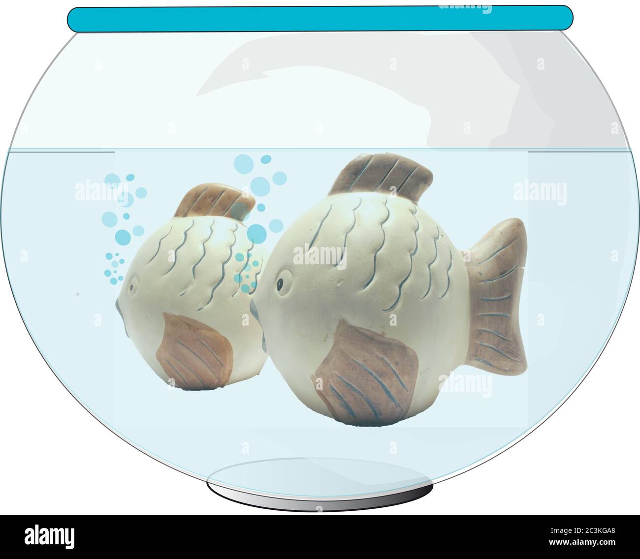 Fish figurines in an illustrative aquarium isolated on a white ...