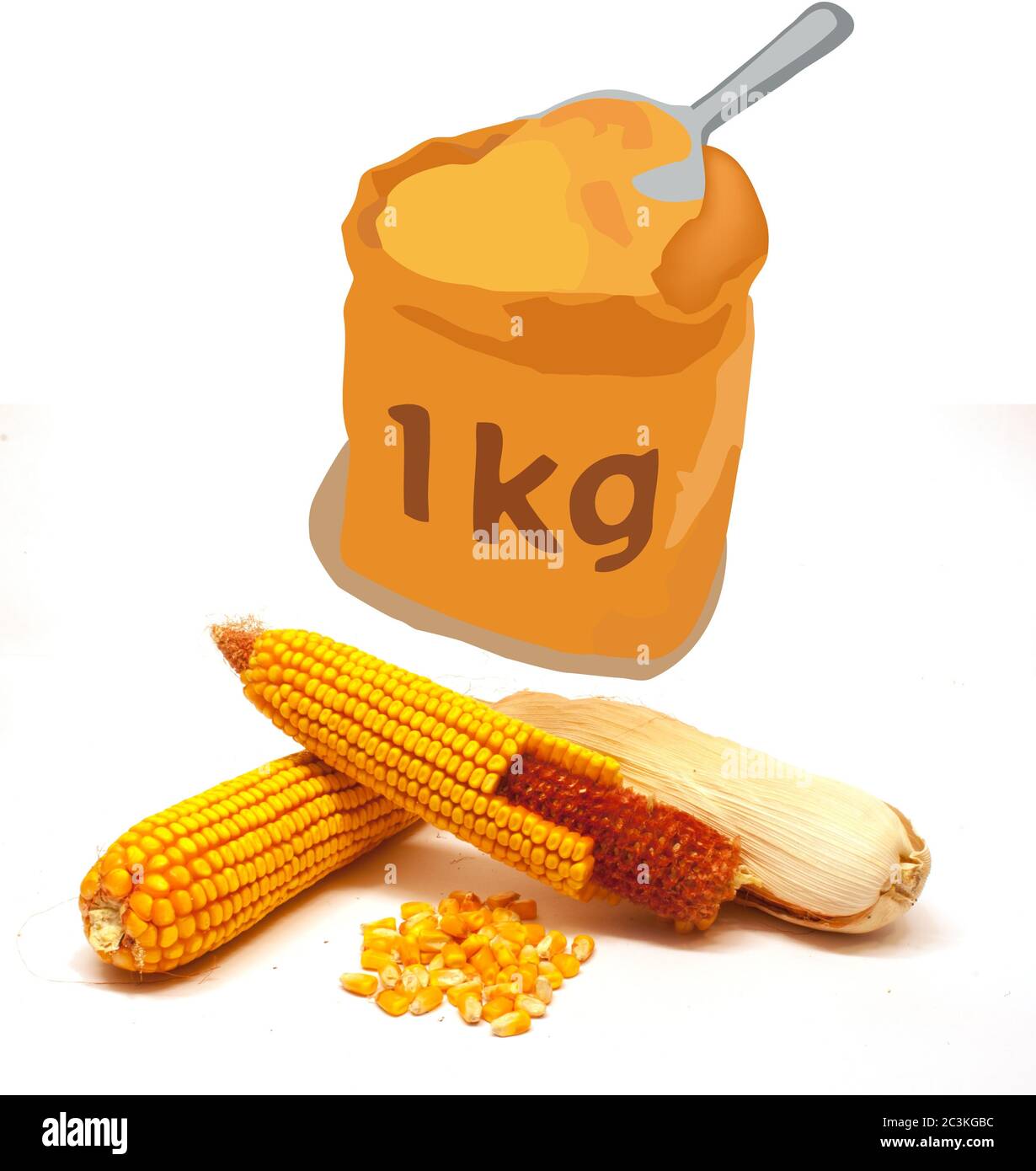 Closeup shot of corns with a sack of 1 kg corn flour isolated on a ...