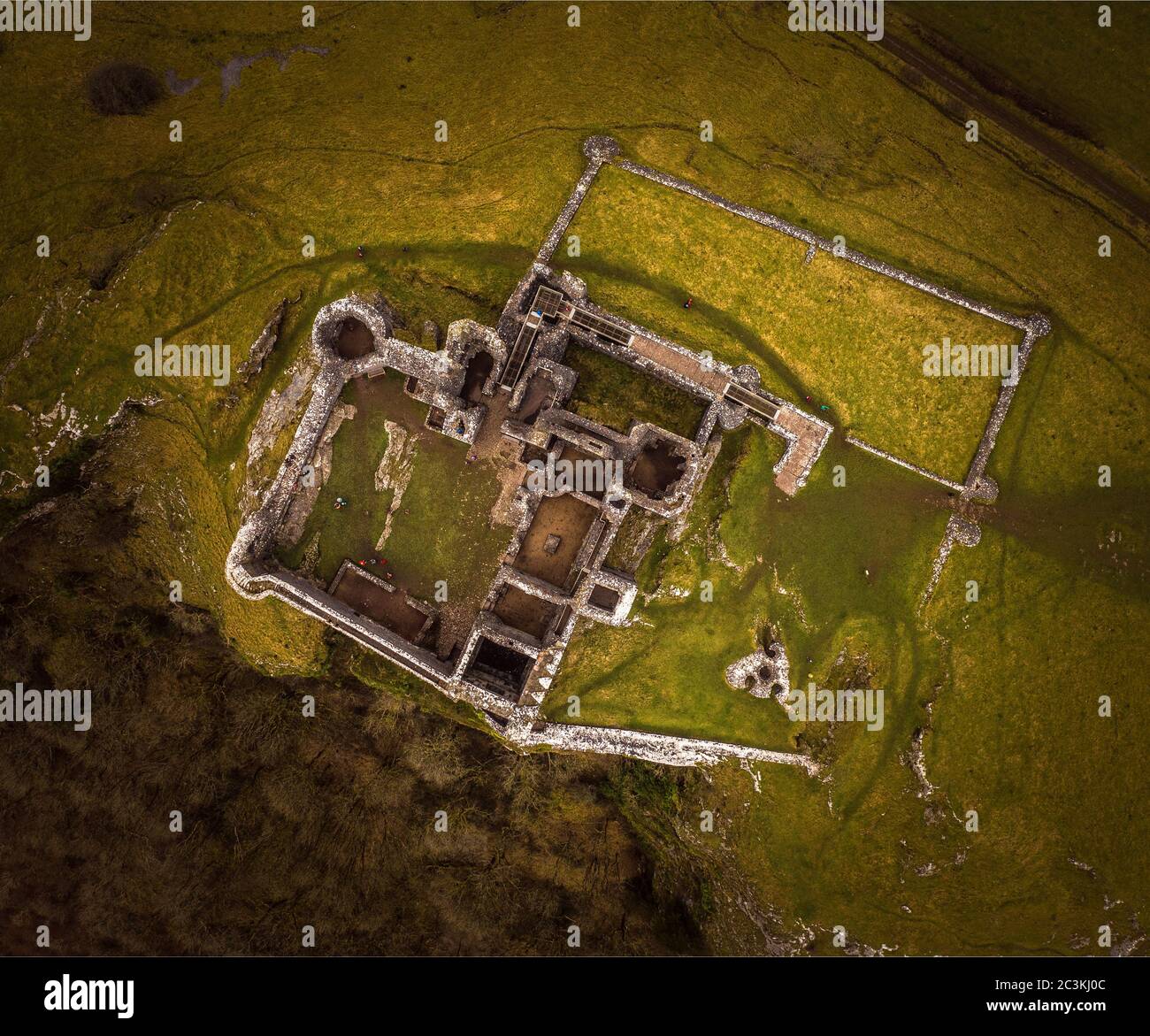 Overhead shot of the ruins of an old and abandoned castle in the middle ...