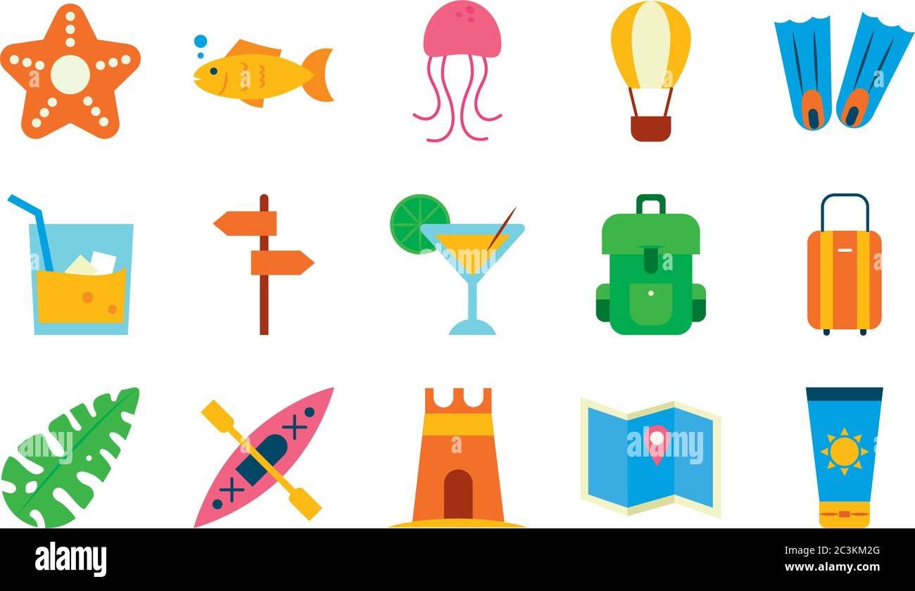 flat style icon set design, Summer vacation tropical relaxation outdoor ...