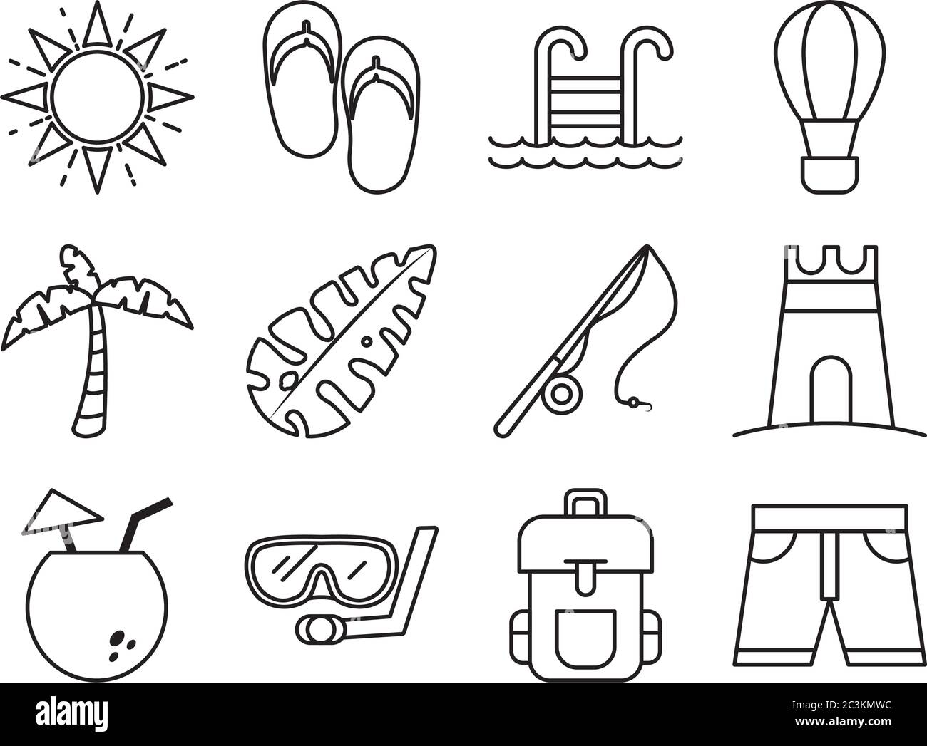 line style icon set design, Summer vacation tropical relaxation outdoor ...
