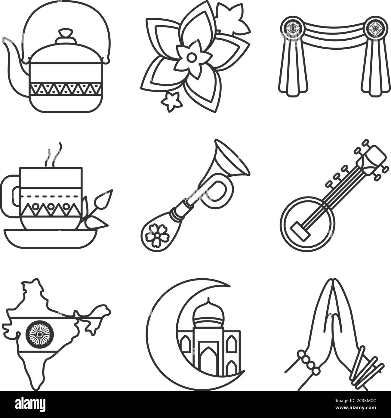 Indian line style icon set design, India culture travel and asia theme ...