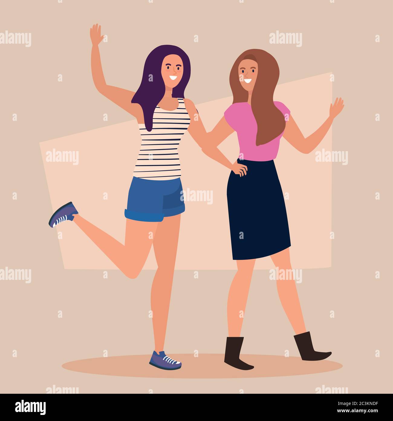 happy characters, young women group, friendship excitement, cheerful ...