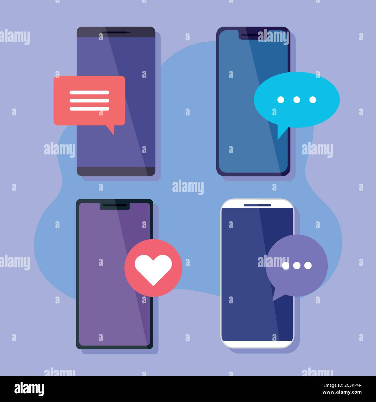 collection of mobile phones, smartphone devices with speech bubbles ...
