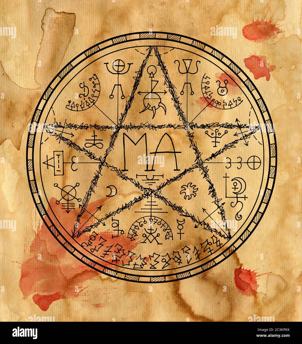 Mystic background with magic seal and pentagram on old paper texture ...