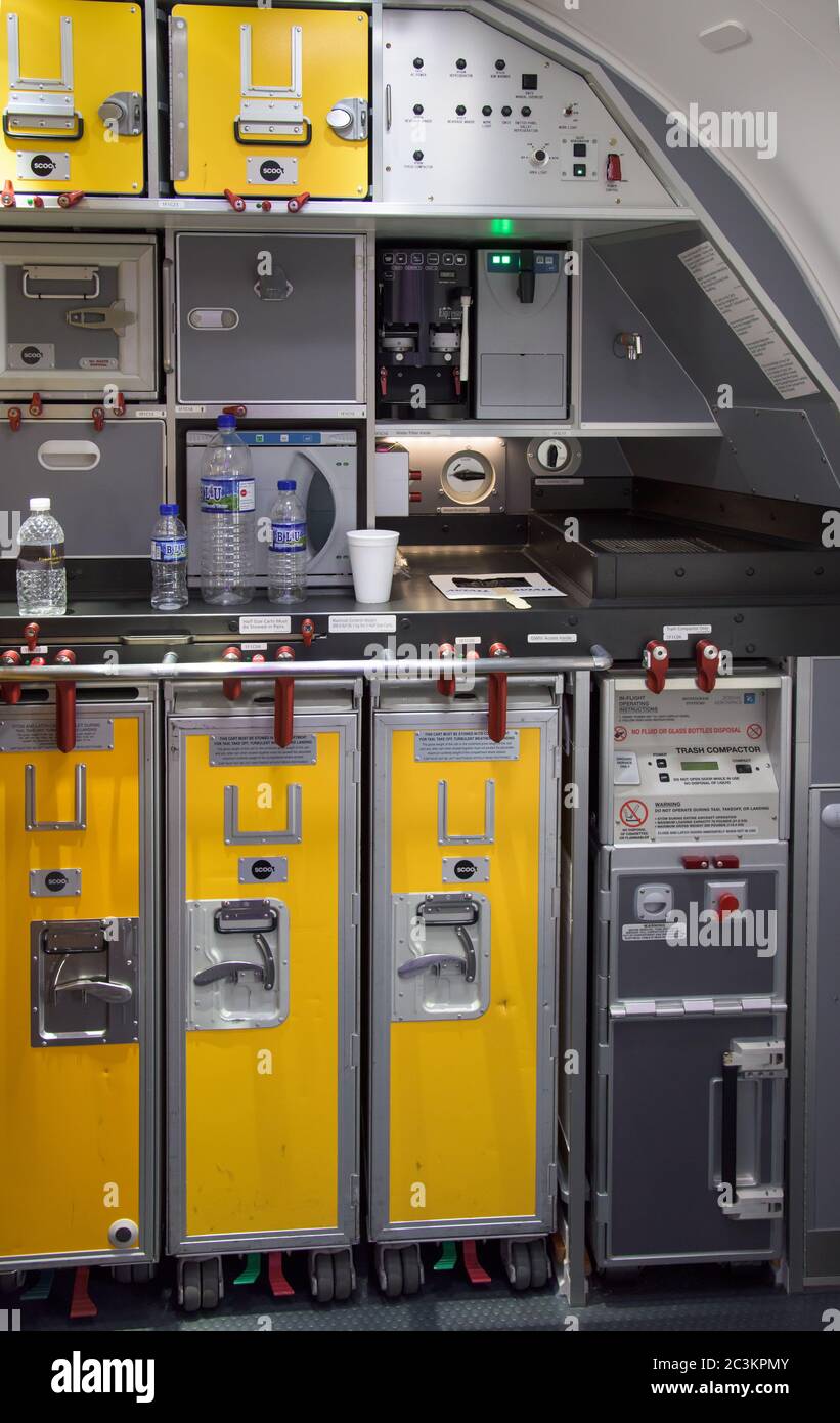 Singapore - February 16, 2016: Galley of a Boeing 787-9 Dreamliner in ...