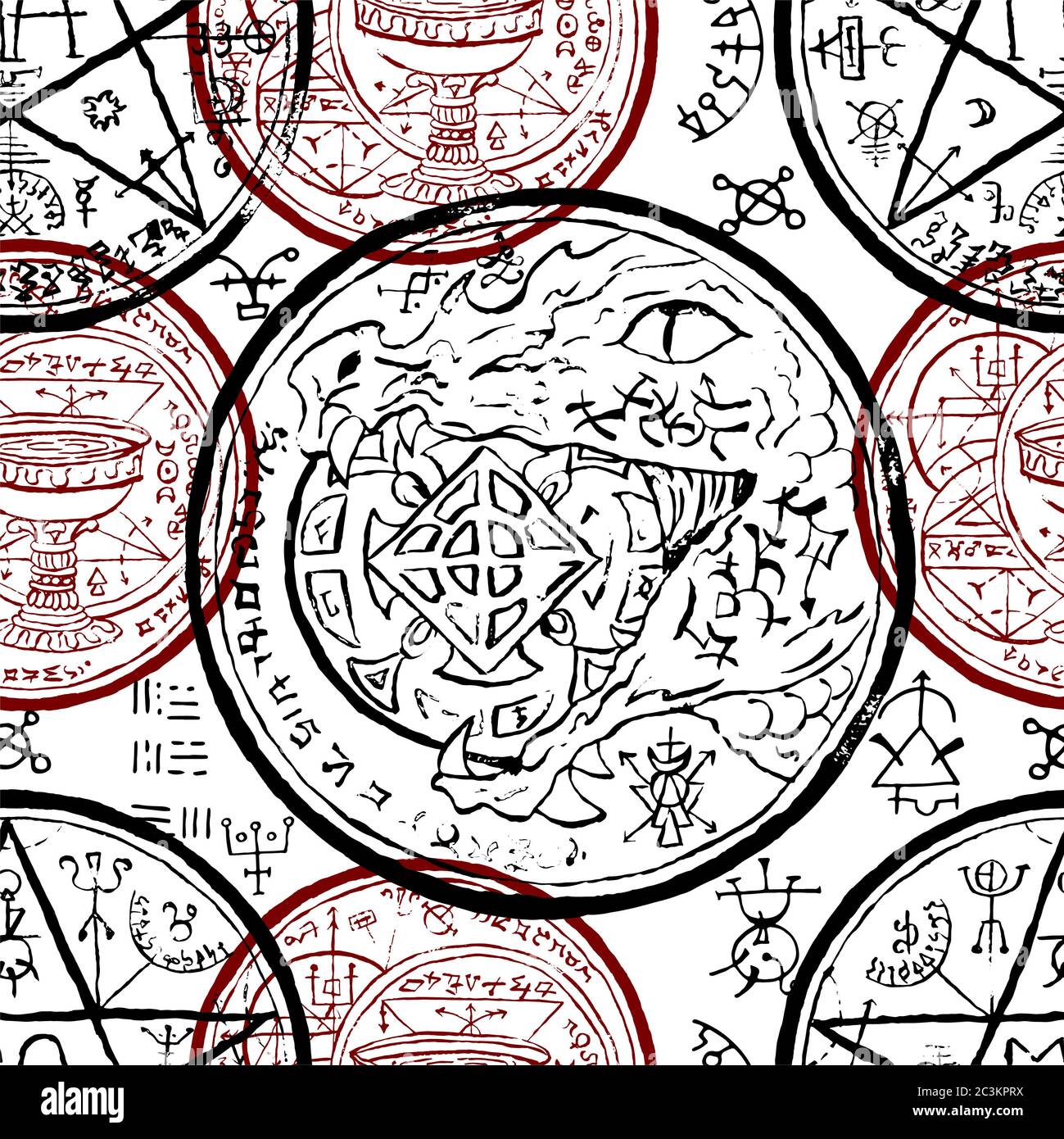 Seamless pattern with magic seals and mystic symbols on white ...