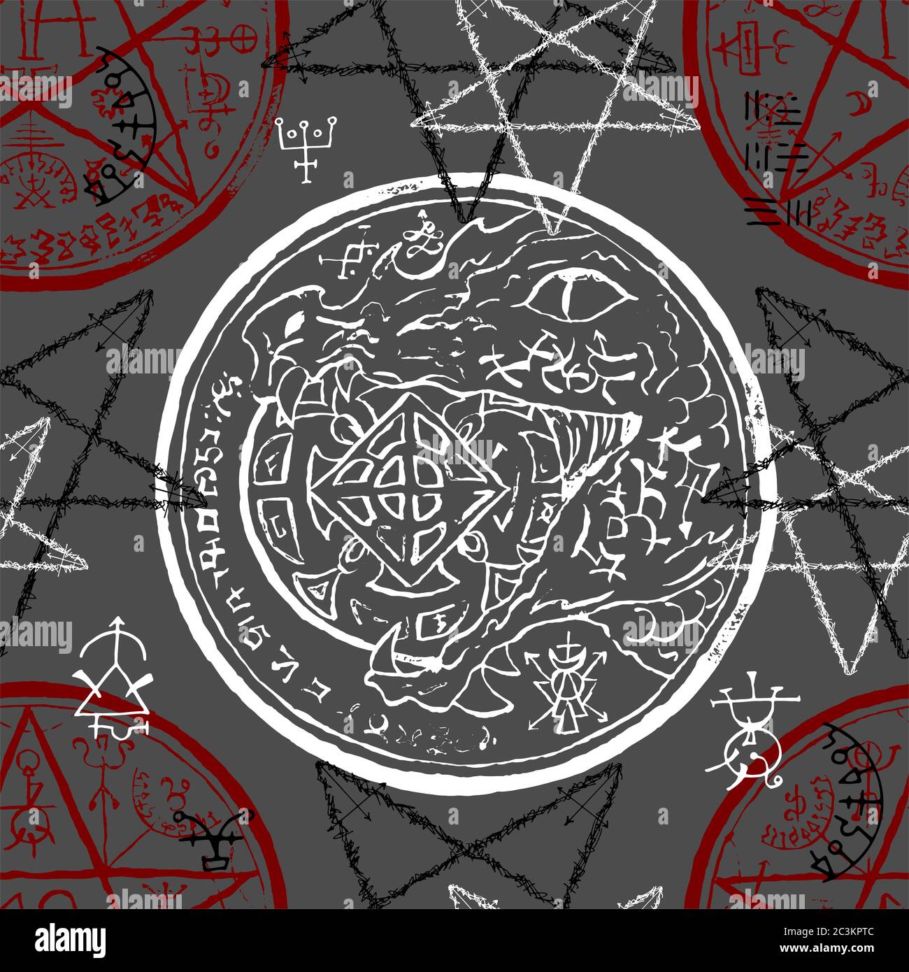 Seamless pattern with dragon holding coin, pentacle and mystic symbols ...