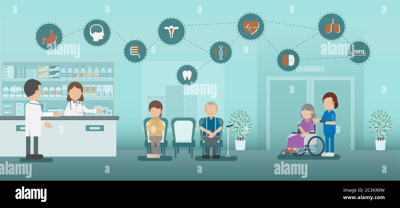 Health check concept with doctors and icons flat design vector ...