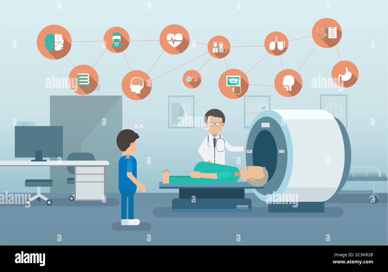 Medical service with doctor and patient in mri scanner flat design ...