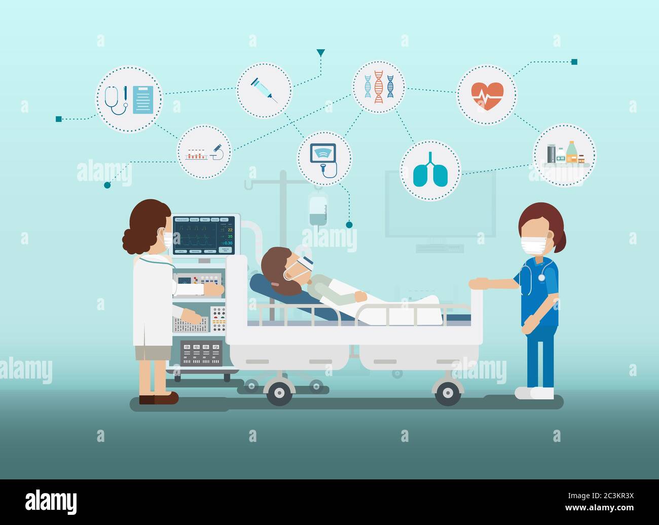 Medical service concept with patient and ventilator flat design vector ...
