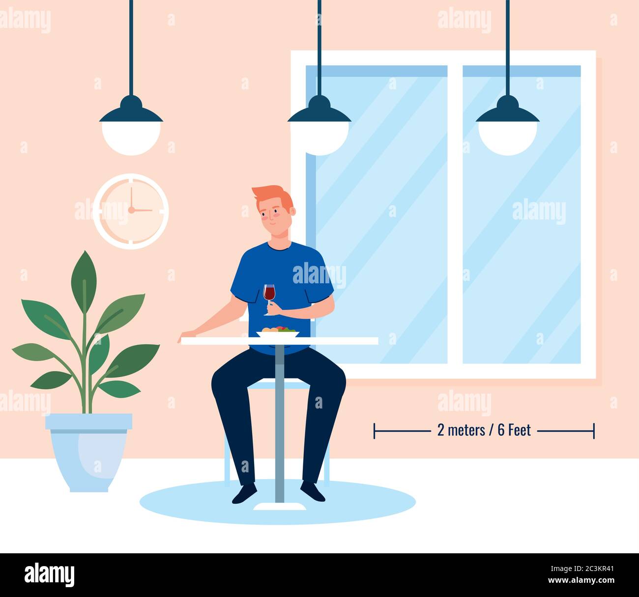 social distance in new concept restaurant, man eating on table ...