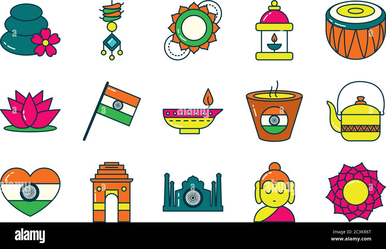 Indian line and fill style icon set design, India culture travel and ...